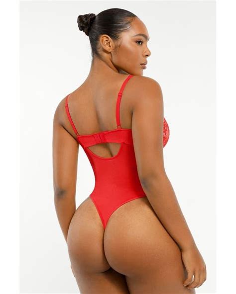 Shapellx Sheer Lace Mesh Bodysuit With Shaping In Red Lyst