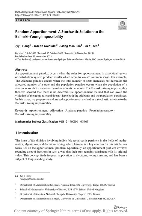 Random Apportionment A Stochastic Solution To The Balinski Young Impossibility