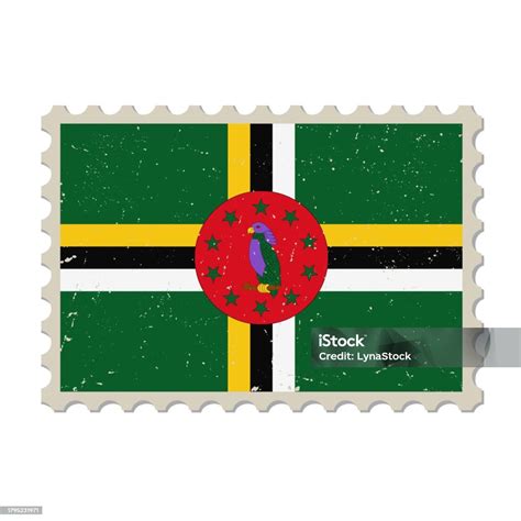 도미니카 그런 지 우표 빈티지 엽서 벡터 일러스트 레이 션 와 도미니카 국기 와 백색 배경 고립된 통하고 있는 복고풍 스타일 고무도장에 대한 스톡 벡터 아트 및 기타 이미지