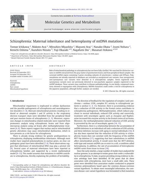 Pdf Schizophrenia Maternal Inheritance And Heteroplasmy Of Mtdna