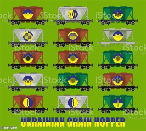 호퍼 왜건 아이콘은 우크라이나 국기의 색상으로 곡물 옥수수 해바라기 및 곡물의 대량 아이콘의 운송을위한 설정 우크라이나 곡물 호퍼는 노란색 파란색입니다 그림 0명에 대한
