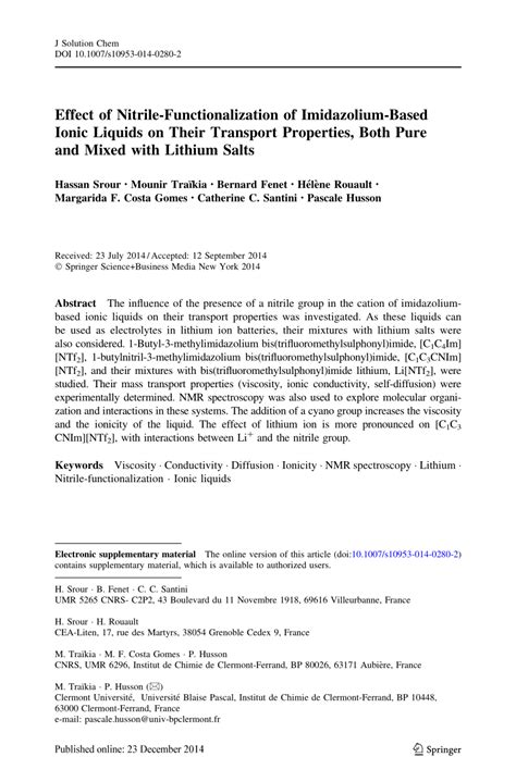 Pdf Effect Of Nitrile Functionalization Of Imidazolium Based Ionic Liquids On Their Transport