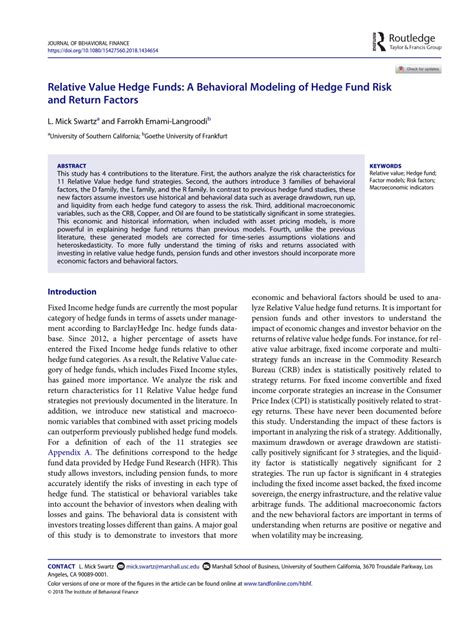Pdf Relative Value Hedge Funds A Behavioral Modeling Of Hedge Fund Risk And Return Factors