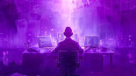 Cybersecurity Expert In Neon Lit Room Analyzing Data On Multiple Computer Screens Concept Of