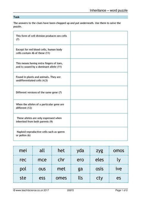 Inheritance Word Puzzle Ks4 Biology Teachit