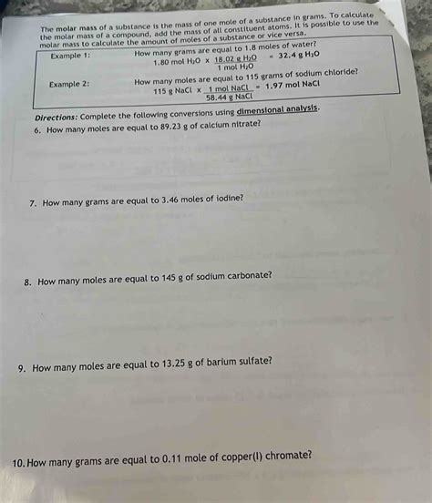 Solved The Molar Mass Of A Substance Is The Mass Of One Mole Of A