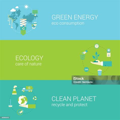 플랫 그린 에너지 생태 에코 깨끗 한 행성 개념 벡터 아이콘 배너 템플릿 설정 대체 소비 자연의 관리 폐기물 재활용 글로브 웹 일러스트레이션 및 인포 그래픽 요소 0명에
