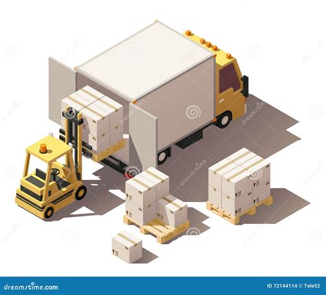 Vector Isometric Forklift Loading Box Truck With Crates On Pallets Icon Stock Vector
