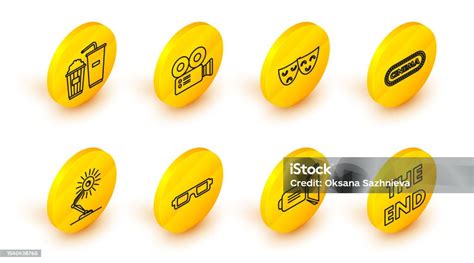 세트 라인 끝 손으로 쓴 비문 영화 스포트라이트 3d 시네마 안경 테이블 램프 시네마 포스터 디자인 템플릿 코미디 비극 연극 마스크 카메라 및 팝콘 소다 음료 아이콘 벡터