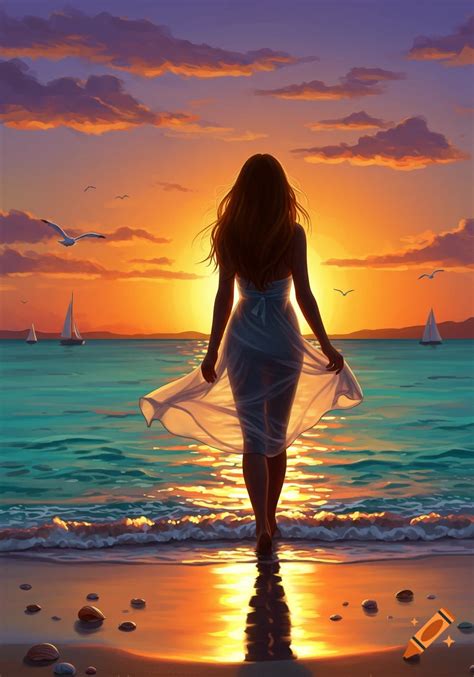A Woman In A White Dress Walks Into The Ocean At Sunset With Sailboats