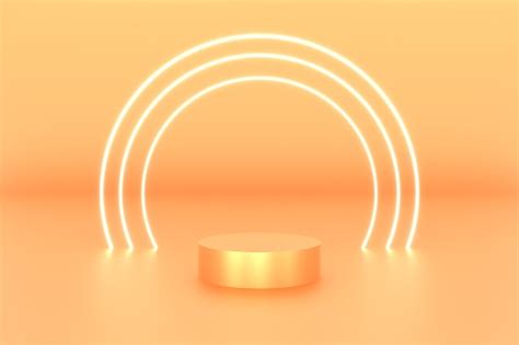제품 배경 단계 또는 연단을 위한 3d 플랫폼 주황색 및 반지 네온 백색 색깔을 가진 공백 전시 플랫폼 3d 일러스트레이션 렌더링 0명에 대한 스톡 사진 및 기타 이미지