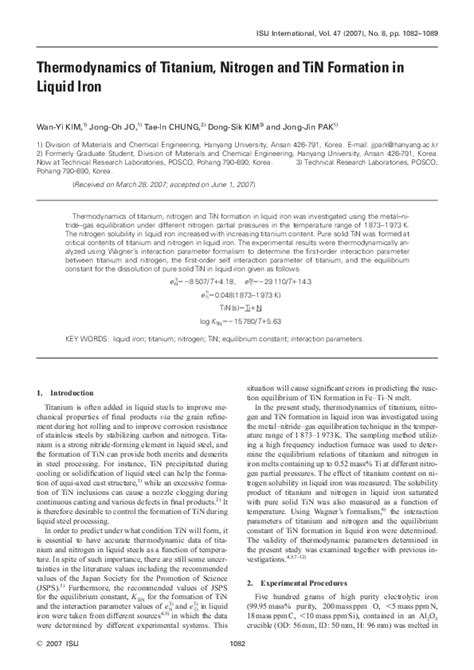 Pdf Thermodynamics Of Titanium Nitrogen And Tin Formation In Liquid Iron