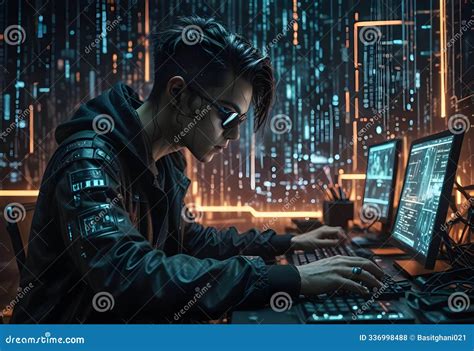 A Cyberpunk Style Hacker Babe Sits At A Computer With A Keyboard And A Monitor Stock Photo
