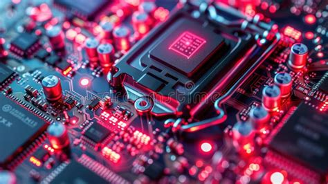Advanced Microchip Manufacturing Closeup Of High Tech Motherboard Circuits With Hologram Info