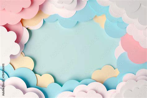 Stock Foto „파스텔 색상의 종이 일러스트 가운데 빈 공간 측면의 종이 구름 컷아웃 종이로 만든 구름이 있는 하늘색