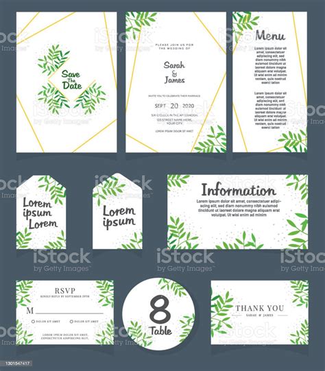 웨딩 초대 벡터 일러스트레이션 집합입니다 카드 템플릿입니다 결혼식 초대장 감사합니다 날짜 메뉴 정보 Rsvp 라벨 테이블 번호 및 장소 카드 디자인을 저장합니다 0명에 대한