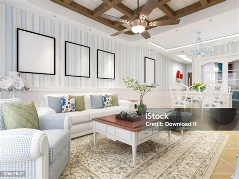 3d 렌더링 소파 커피 테이블 장식 그림 등이있는 파란색 지중해 스타일의 집에서 넓은 거실 디자인 0명에 대한 스톡 사진 및