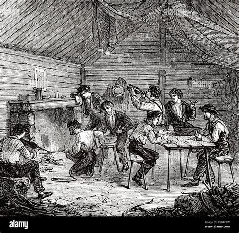 Miners In The Californian Gold Fields Relaxing In Their Log Cabin At