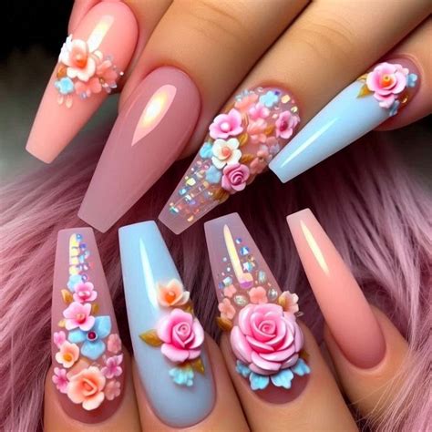 Coffin 3d Flower Acrylic Nails Elegant Pastel Designs In 2024 Floral