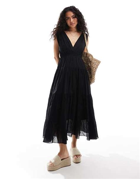 Pimkie Sleeveless V Neck Tiered Maxi Dress In Black Asos