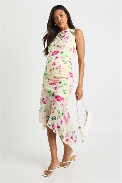 Dresses Maternity Floral Mesh Drop Hem Midi Dress Boohoo
