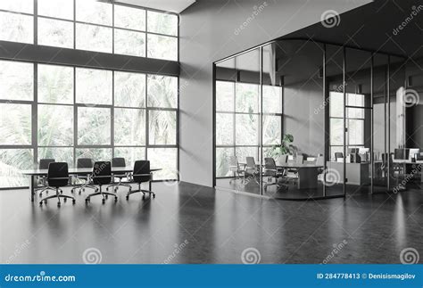 серый офисный бизнес зал интерьер со столом и стульями панорамное окно Иллюстрация штока