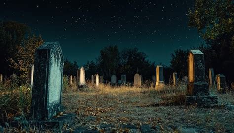 Eerie Cemetery Under Dark Night Sky Chilling Silence Graveyard