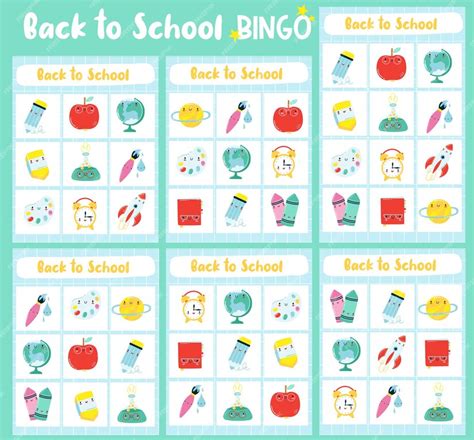 귀여운 카와이 학교 캐릭터가 있는 학교 빙고 어린이 미니 게임으로 돌아가기 미취학 아동을 위한 활동 프리미엄 벡터