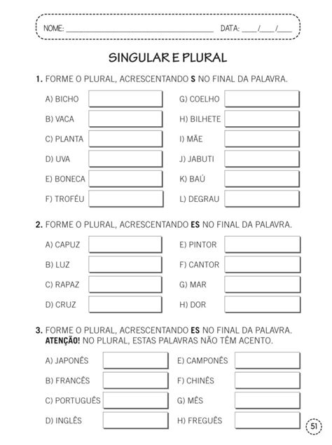 1º E 2º Ano L Portuguesa Atividades Singular E Plural Cuca Super