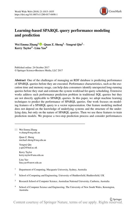 learning based sparql query performance modeling and prediction