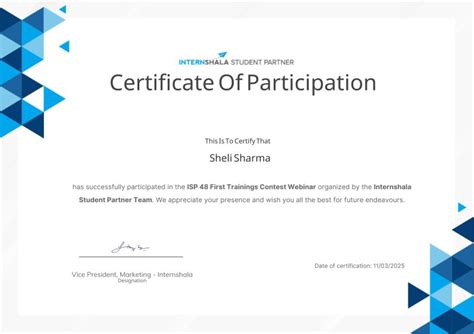 excited to share my certificate of participation from internshala i
