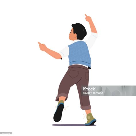 행복한 소년 댄스 뒷모습은 흰색 배경에 고립되어 있다 어린 아이가 놀고 속이고 재미있게 놀고 있습니다 아이 움직이는 몸 후면에 대한 스톡 벡터 아트 및 기타 이미지 Istock
