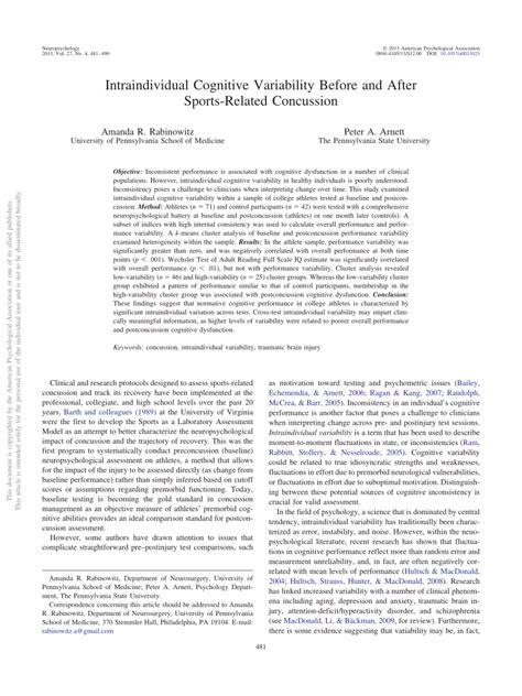 Pdf Intraindividual Cognitive Variability Before And After Sports Related Concussion
