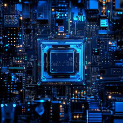Futuristic Blue Circuit Board With Central Microchip In Bright Neon Light Stock Image Image Of