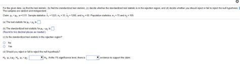 Solved For The Given Data A Find The Test Statistic B