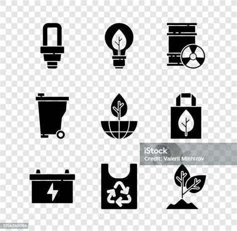 Led 전구 잎이있는 빛 배럴의 방사성 폐기물 자동차 배터리 비닐 봉지 재활용 식물 쓰레기 캔 및 지구 지구 및 식물 아이콘을