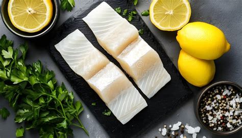 Raw Cod Fillets Seasoned With Salt Accompanied By Lemon And Parsley