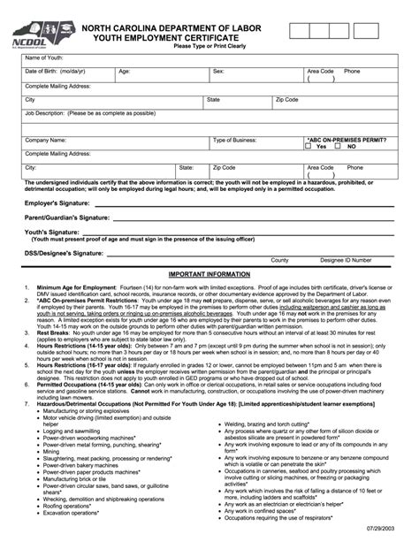 North Carolina Youth Employment Certificate Prntbl