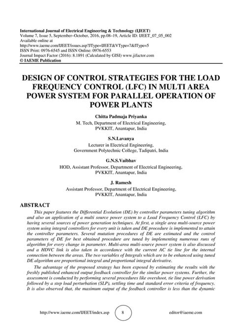 Design Of Control Strategies For The Load Frequency Control Lfc In