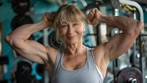 Premium Photo Body Positive Mature Woman Showing Muscles In Gym