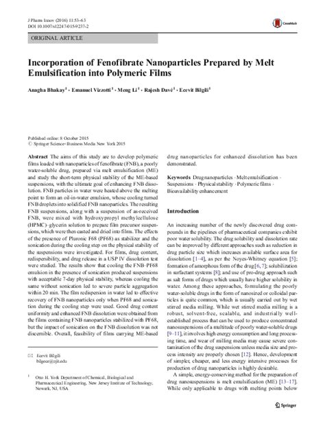 Pdf Incorporation Of Fenofibrate Nanoparticles Prepared By Melt