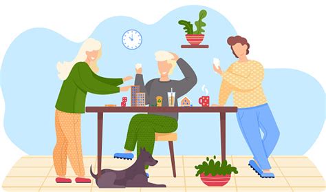 보드 게임을하는 친구 그룹 테이블 위에 모의 건물 사람들은 함께 시간을 보낸다 Brand Name Video Game에 대한 스톡 벡터 아트 및 기타 이미지 Brand