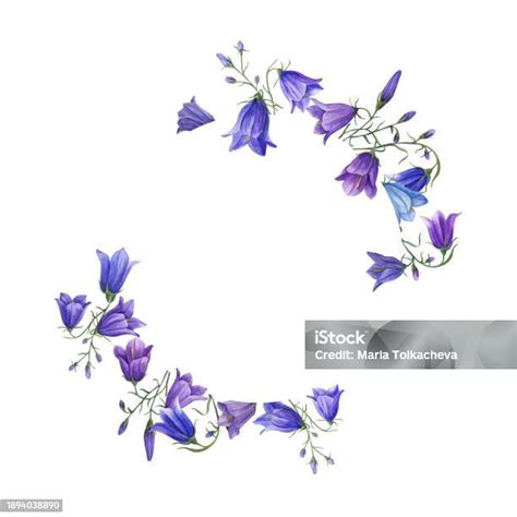 푸른 보라색 캄파눌라 꽃과 녹색 잎이 있는 화환 초원 식물 토끼 텍스트를 위한 복사 공간이 있는 구성입니다 발렌타인 데이 카드 생일 어머니의 날 인사말에 대한 수채화 그림