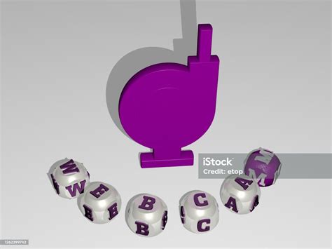 개념 의미와 슬라이드 쇼 프리젠 테이션을위해 거울 바닥에 금속 입방 편지에 의해 배열 된 벽과 텍스트에 아이콘과 웹캠의 3d 표현 카메라 및 일러스트레이션 3차원 형태에