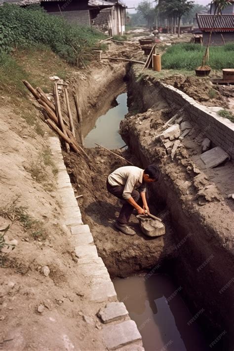 Premium Ai Image A Man Digging In A Muddy Ditch With A Brick Wall On