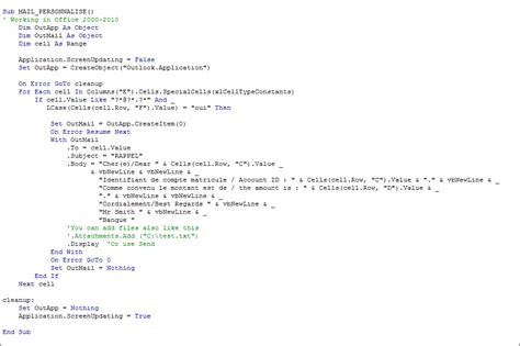 Excel 2010 Comment Envoyer Un E Mail Outlook 2010 Personnalisé En Vba