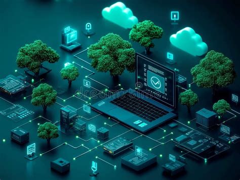 A Digital Illustration Depicts Data And Cloud Computing With A Central Laptop Symbolizing