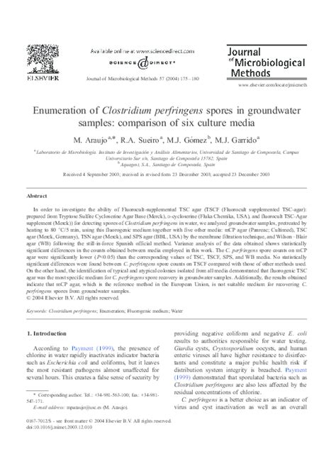 Pdf Enumeration Of Clostridium Perfringens Spores In Groundwater