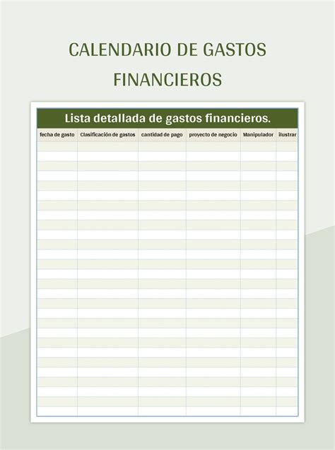 Plantilla De Excel Calendario De Gastos Financieros Y Hoja De Cálculo
