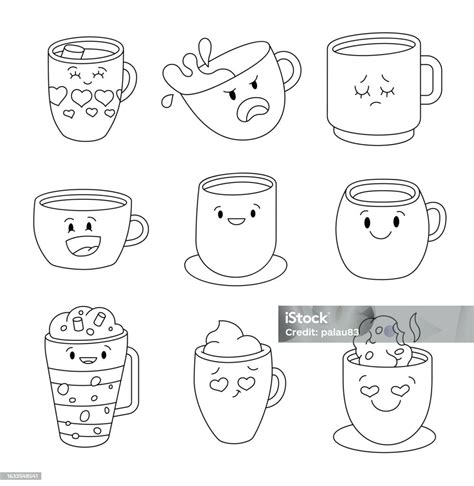 컵 캐릭터 만화입니다 색칠 공부 페이지 향긋한 커피 머그잔 벡터 그리기 디자인 요소 모음입니다 가공의 인물에 대한 스톡 벡터